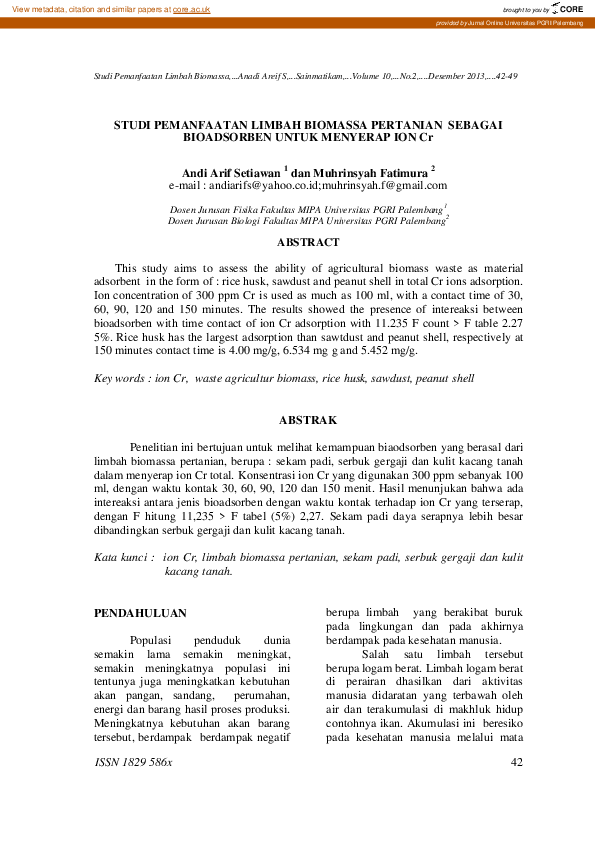 (PDF) STUDI PEMANFAATAN LIMBAH BIOMASSA PERTANIAN SEBAGAI BIOADSORBEN ...