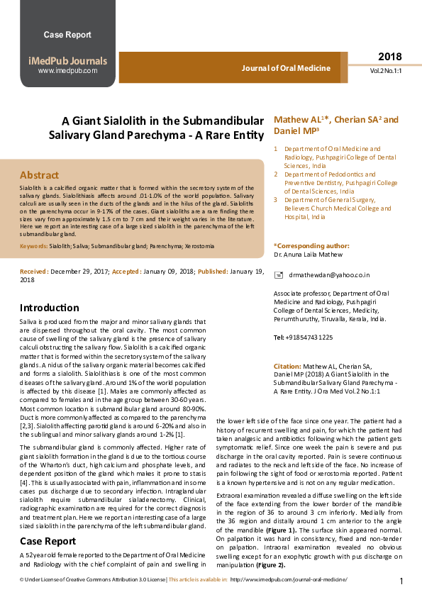 (PDF) A Giant Sialolith in the Submandibular Salivary Gland Parechyma ...
