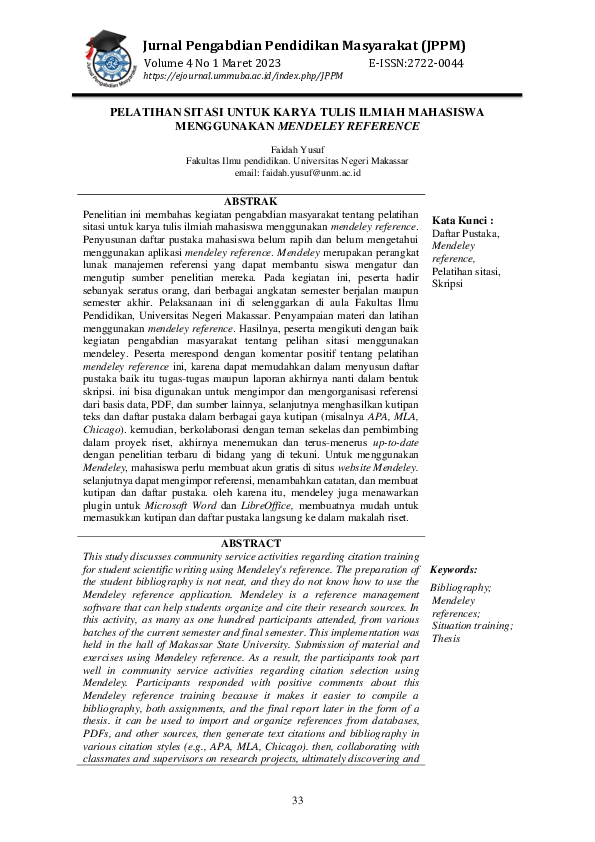 (PDF) Pelatihan Sitasi Untuk Karya Tulis Ilmiah Mahasiswa Menggunakan Mendeley Reference
