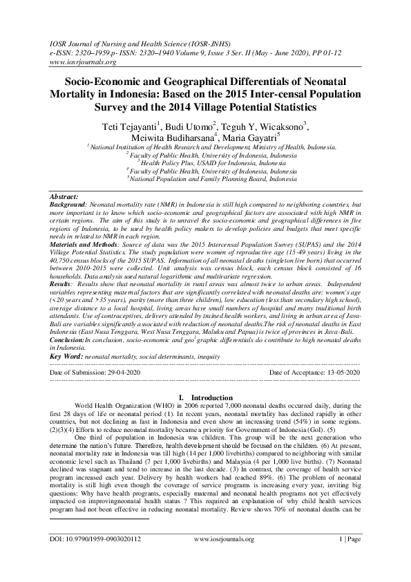 (PDF) Socio-Economic and Geographical Differentials of Neonatal ...