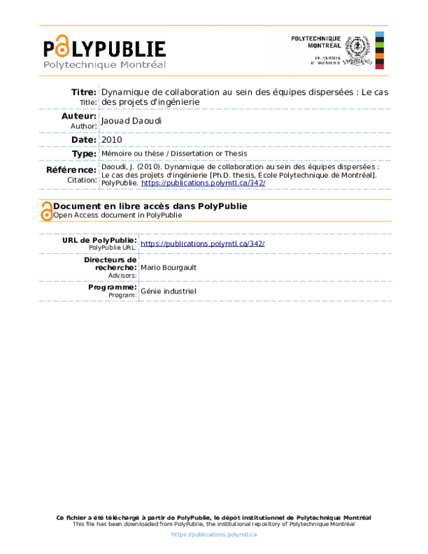 (PDF) Dynamique de collaboration au sein des quipes dispers es: Le cas des projets d'ing nierie