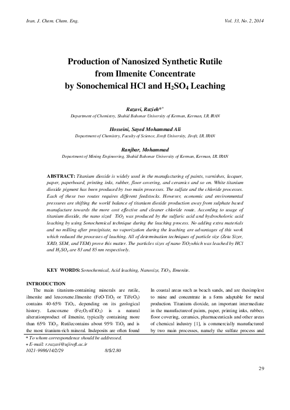 (PDF) Production of Nanosized Synthetic Rutile from Ilmenite ...