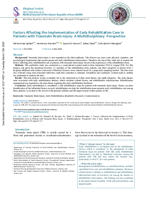 (PDF) Factors Affecting the Implementation of Early Rehabilitation Care in Patients with ...