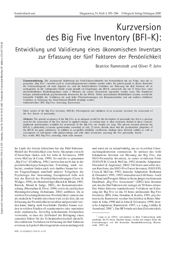 (PDF) Kurzversion des Big Five Inventory (BFI-K)