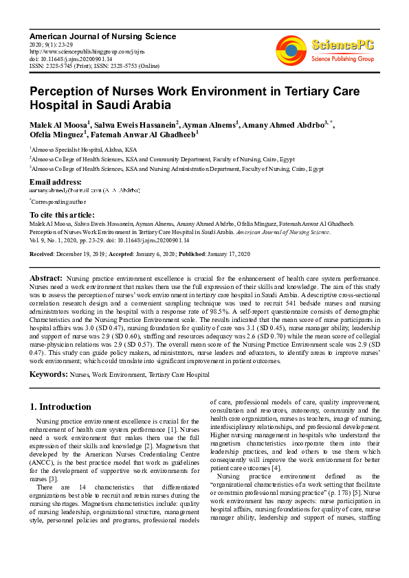 (PDF) Perception of Nurses Work Environment in Tertiary Care Hospital in Saudi Arabia