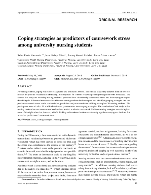 (PDF) Coping strategies as predictors of coursework stress among ...