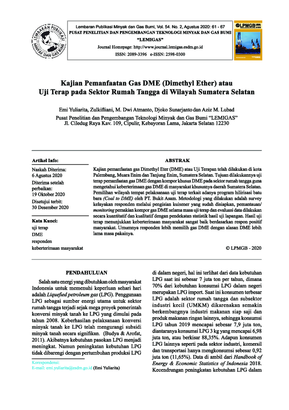 (PDF) Kajian Pemanfaatan Gas Dme (Dimethyl Ether) Atau Uji Terap Pada Sektor Rumah Tangga DI ...