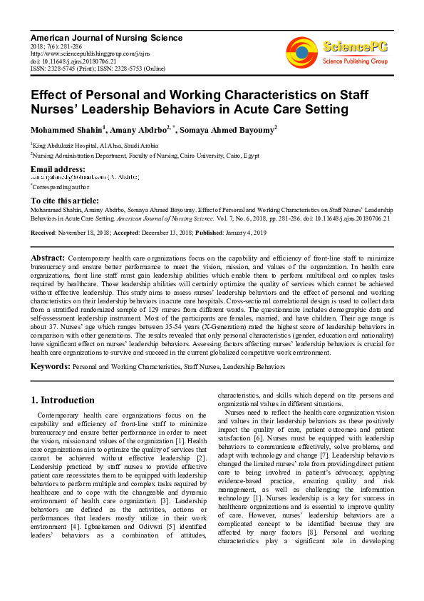 (PDF) Effect of Personal and Working Characteristics on Staff Nurses’ Leadership Behaviors in ...