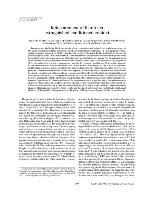 (PDF) Reinstatement of fear to an extinguished conditioned context