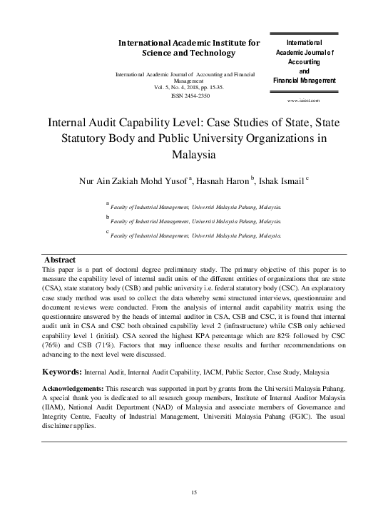 (PDF) Internal Audit Capability Level: Case Studies of State, State Statutory Body and Public ...