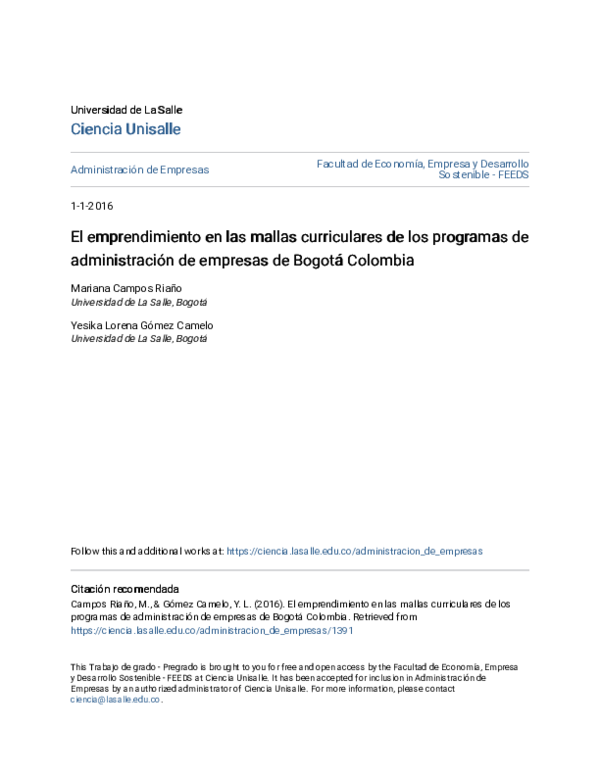 (PDF) El emprendimiento en las mallas curriculares de los programas de administración de ...