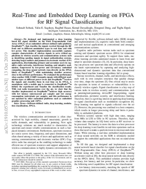 Pdf Real Time And Embedded Deep Learning On Fpga For Rf Signal Classification
