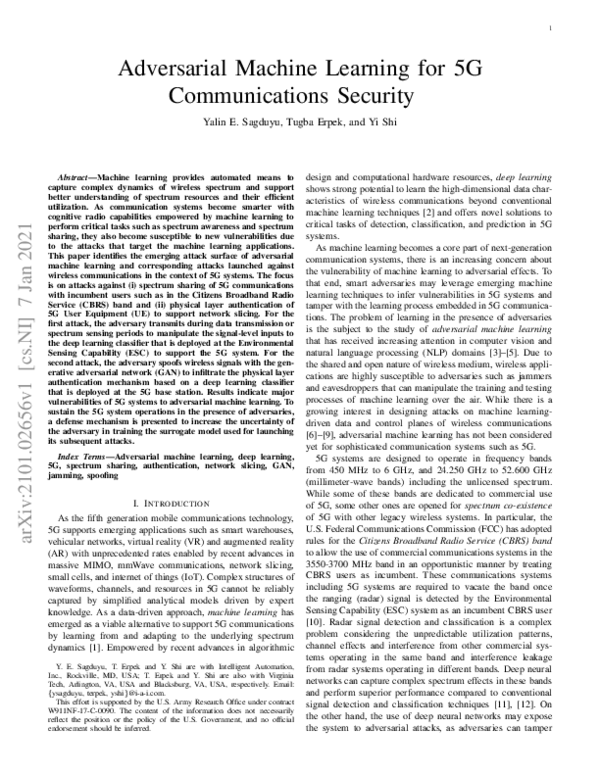 (PDF) Adversarial Machine Learning for 5G Communications Security