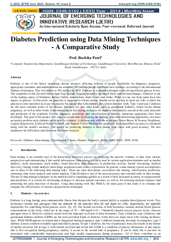 (PDF) Diabetes Prediction using Data Mining Techniques -A Comparative Study