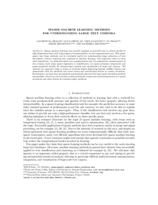 (PDF) Sparse Machine Learning Methods for Understanding Large Text Corpora