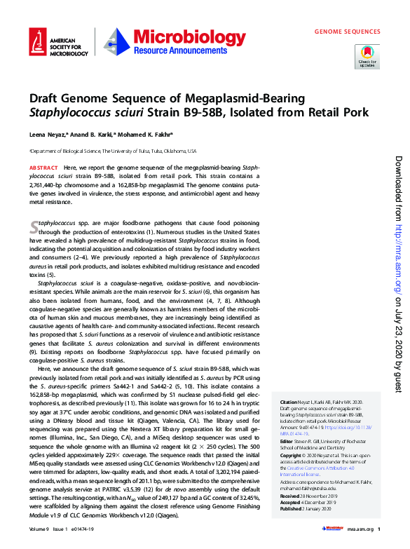 (PDF) Draft Genome Sequence of Megaplasmid-Bearing Staphylococcus sciuri Strain B9-58B, Isolated ...
