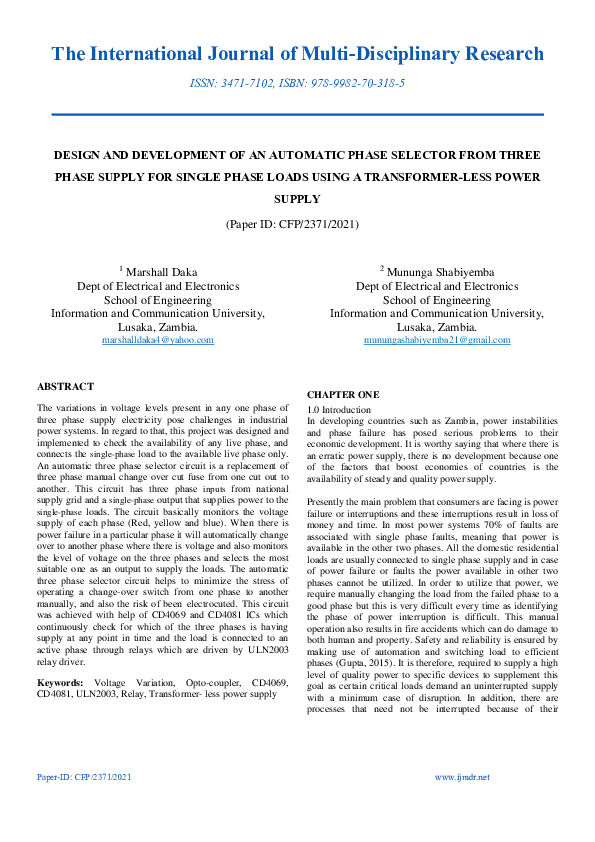 Pdf Design And Development Of An Automatic Phase Selector From Three Phase Supply For Single
