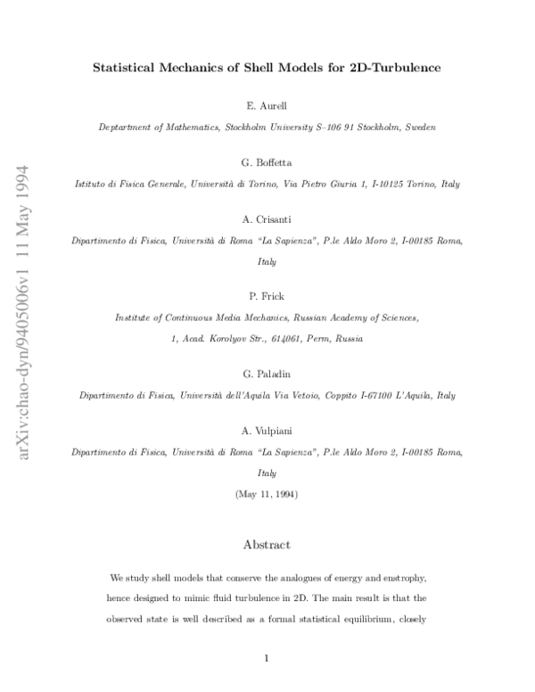 (PDF) Statistical Mechanics of Shell Models for 2D-Turbulence