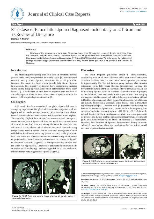 (PDF) Rare Case of Pancreatic Lipoma Diagnosed Incidentally on CT Scan ...