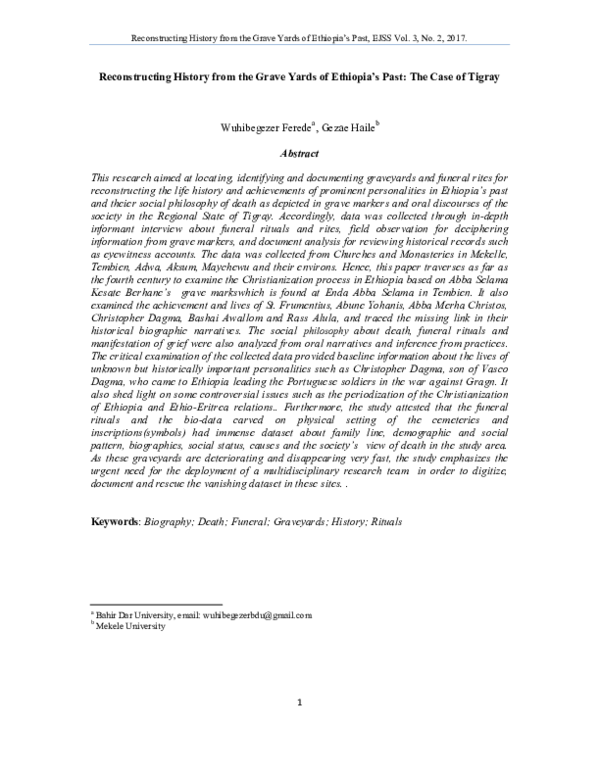 (PDF) Reconstructing History from the Grave Yards of Ethiopia’s Past ...