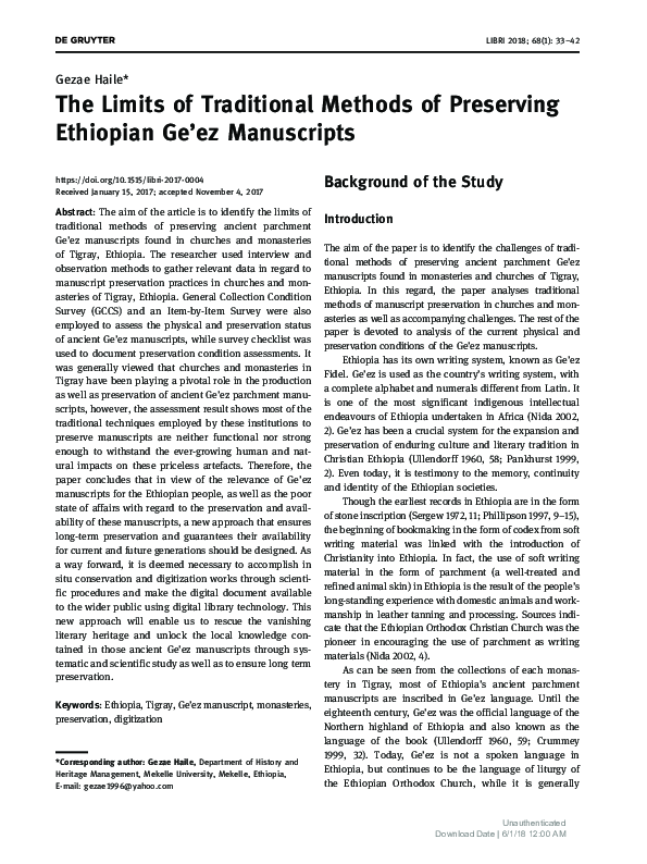 (PDF) The Limits of Traditional Methods of Preserving Ethiopian Ge’ez ...