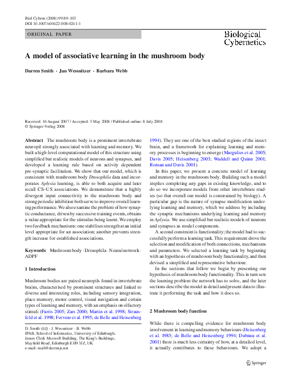 (PDF) A model of associative learning in the mushroom body