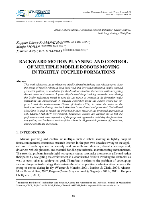 (PDF) Backward Motion Planning and Control of Multiple Mobile Robots Moving in Tightly Coupled ...