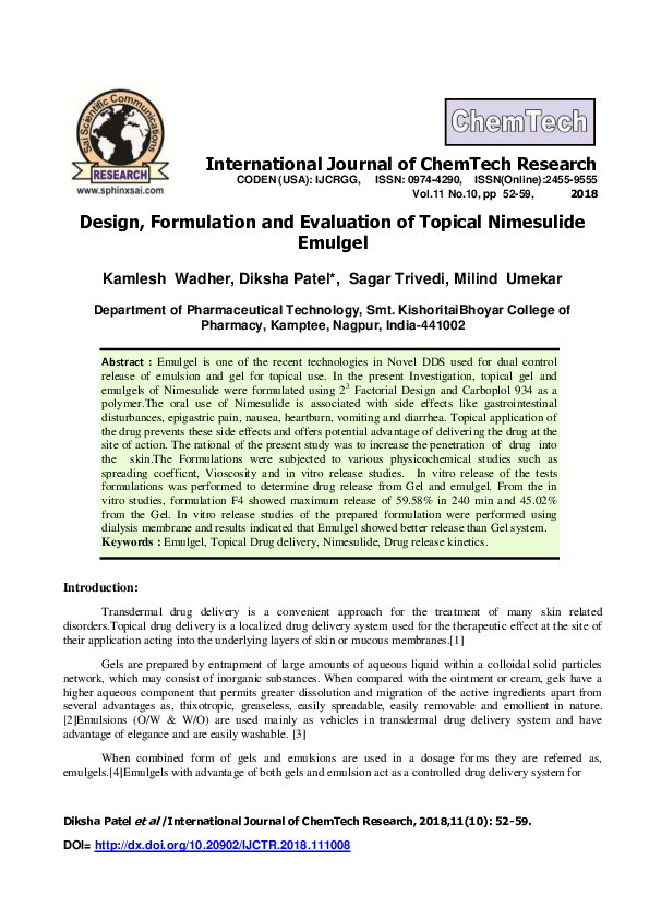 Pdf Design Formulation And Evaluation Of Topical Nimesulide Emulgel