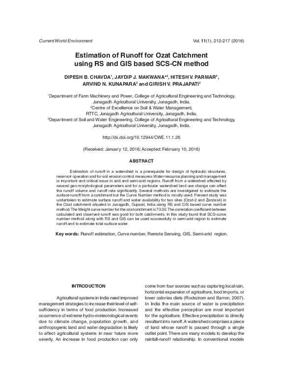 (PDF) Estimation of Runoff for Ozat Catchment using RS and GIS based SCS-CN method