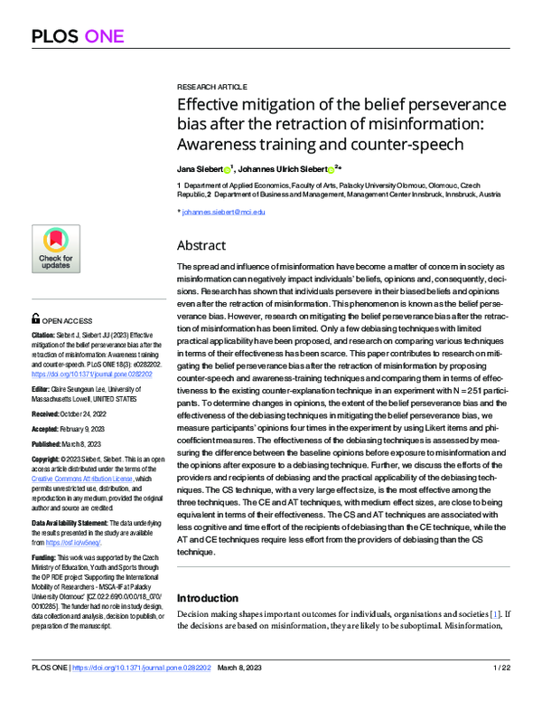 (PDF) Effective mitigation of the belief perseverance bias after the ...