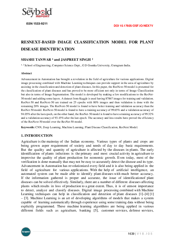 Pdf Resnext Based Image Classification Model For Plant Disease Identification