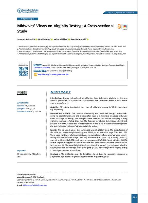 (PDF) Midwives' Views on Virginity Testing: A Cross-sectional Study ...