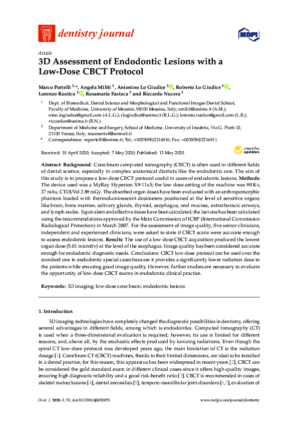 (PDF) 3D Assessment of Endodontic Lesions with a Low-Dose CBCT Protocol