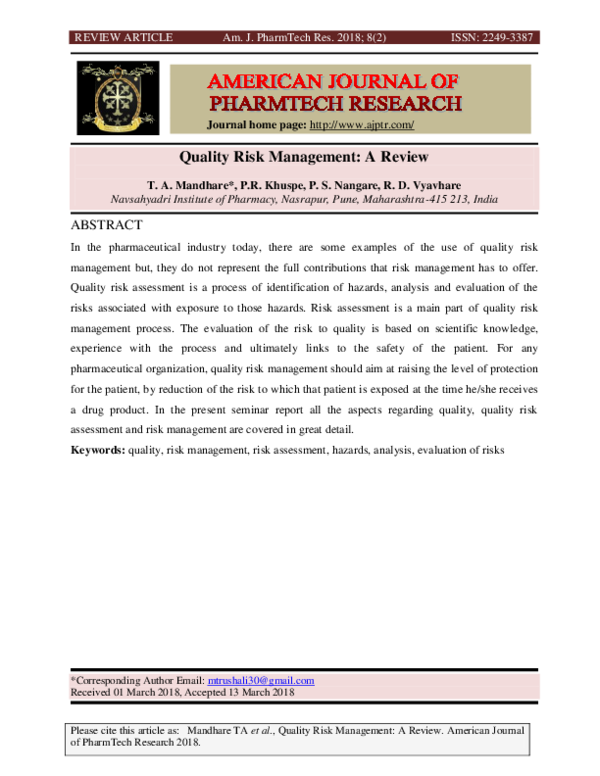 (PDF) Quality Risk Management: A Review