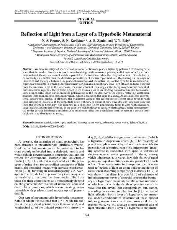 (PDF) Reflection of Light from a Layer of a Hyperbolic Metamaterial