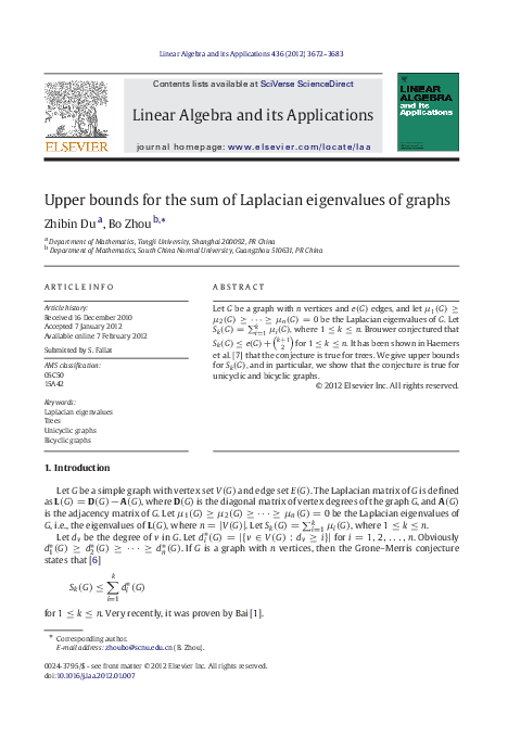 (PDF) Upper bounds for the sum of Laplacian eigenvalues of graphs