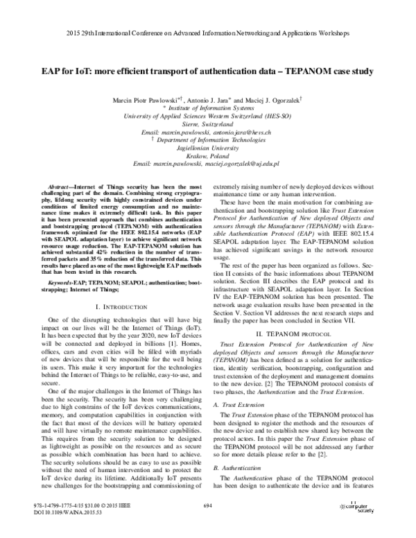(PDF) EAP for IoT: More Efficient Transport of Authentication Data -- TEPANOM Case Study
