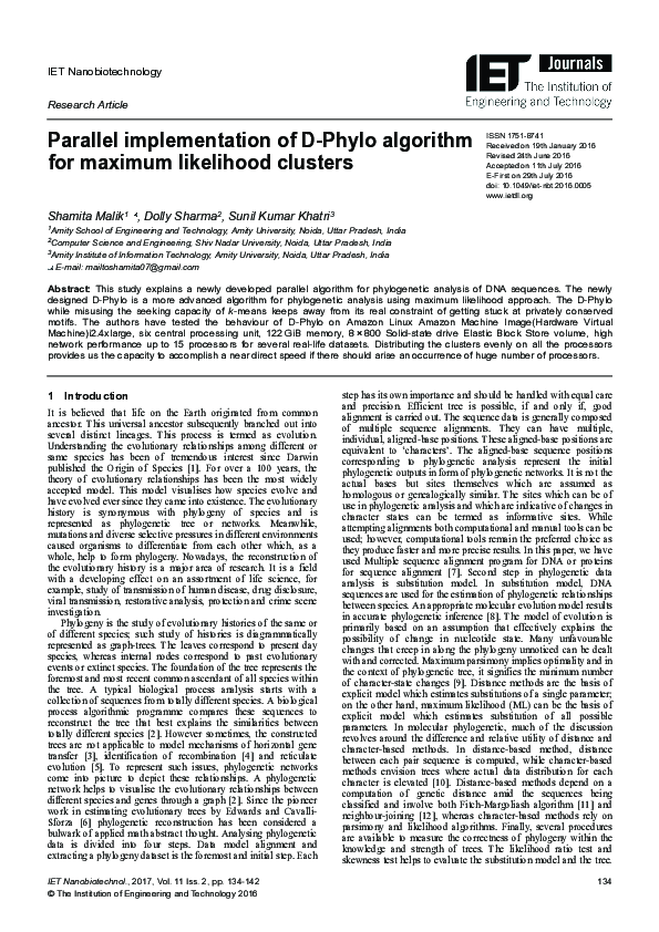 (PDF) Parallel implementation of D-Phylo Algorithm for Maximum ...