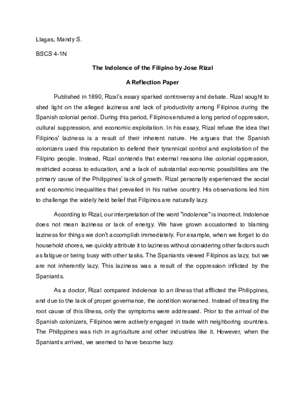 (PDF) The Indolence of the Filipino (Activity 4) - A Reflection Paper