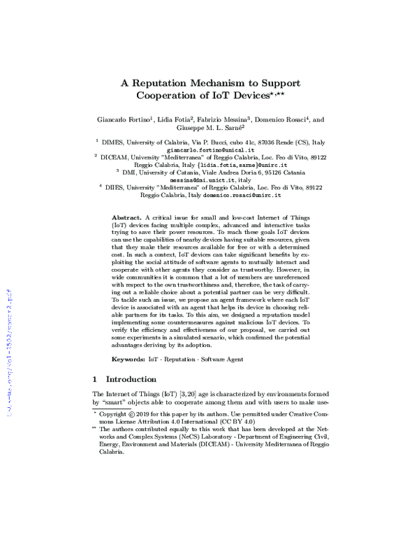 (PDF) A Reputation Mechanism to Support Cooperation of IoT Devices