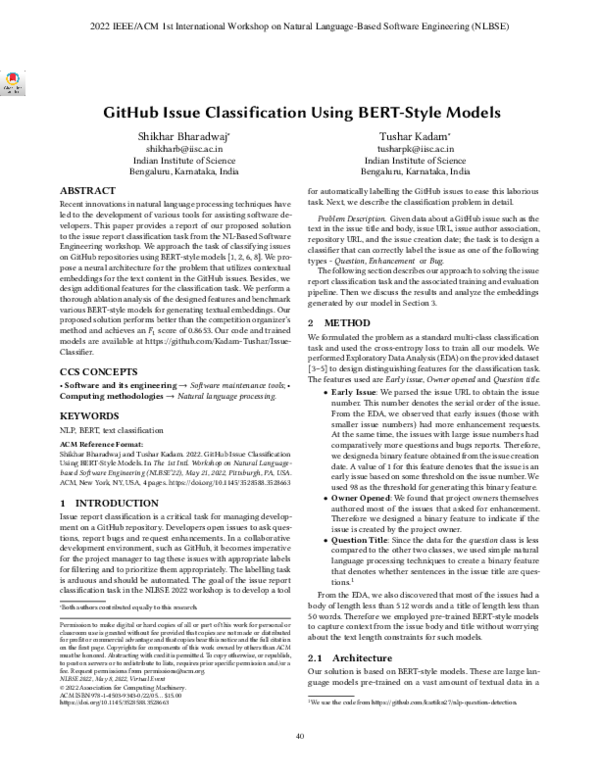 (PDF) GitHub issue classification using BERT-style models | Tushar D Kadam - Academia.edu