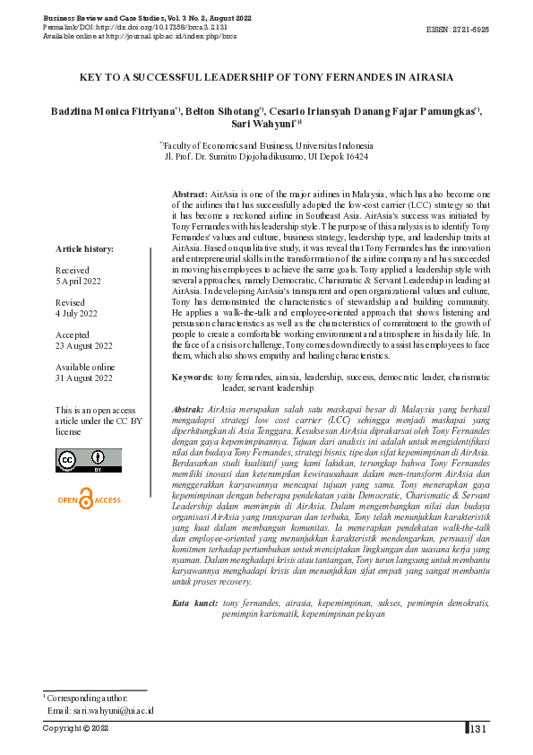 (PDF) Key To a Successful Leadership of Tony Fernandes in Airasia