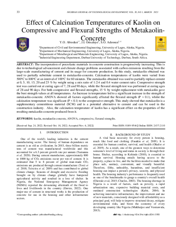 (PDF) Effect of calcination temperatures of kaolin on compressive and flexural strengths of ...