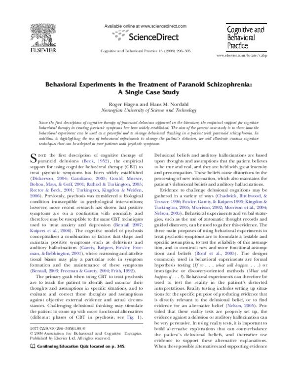 (PDF) Behavioral Experiments in the Treatment of Paranoid Schizophrenia ...