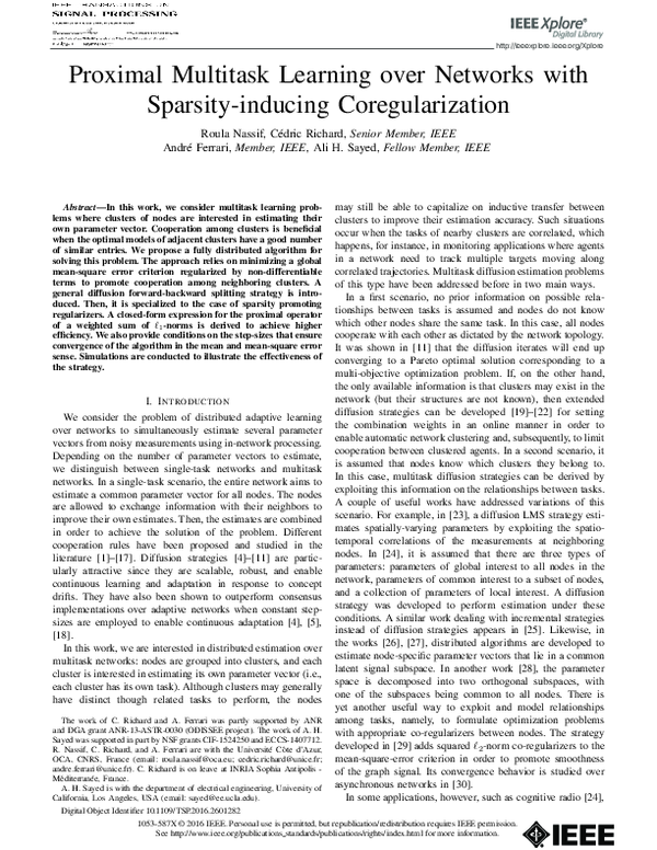 (PDF) Proximal Multitask Learning Over Networks With Sparsity-Inducing Coregularization