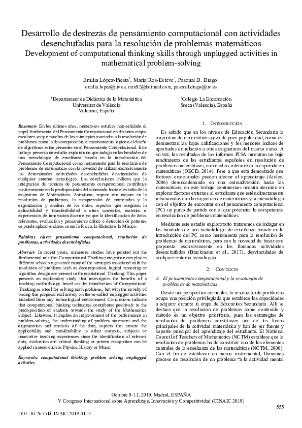 (PDF) Desarrollo de destrezas de pensamiento computacional con actividades desenchufadas para la ...