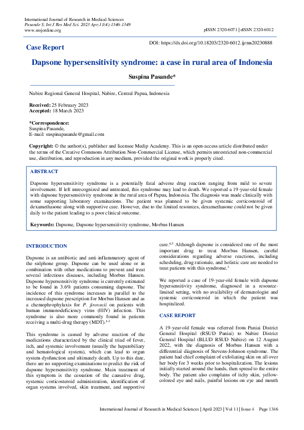 (PDF) Dapsone hypersensitivity syndrome: a case in rural area of ...
