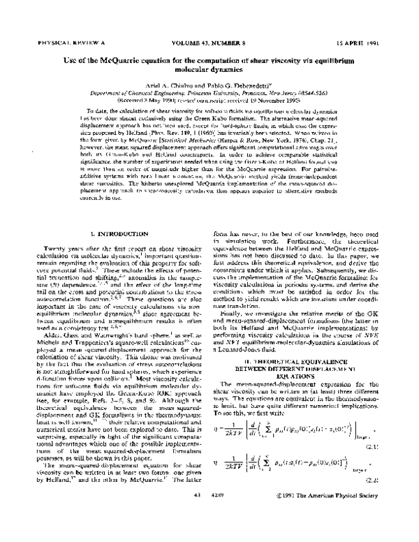 (PDF) Use of the McQuarrie equation for the computation of shear viscosity via equilibrium ...