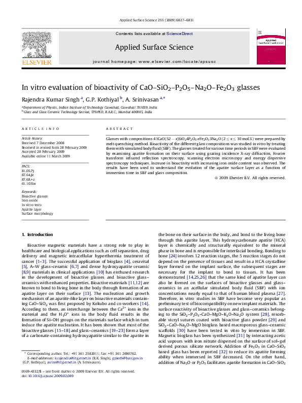 (PDF) In vitro evaluation of bioactivity of CaO–SiO2–P2O5–Na2O–Fe2O3 glasses