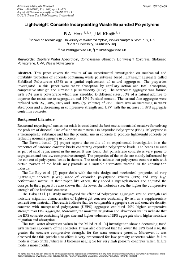 (PDF) Lightweight Concrete Incorporating Waste Expanded Polystyrene